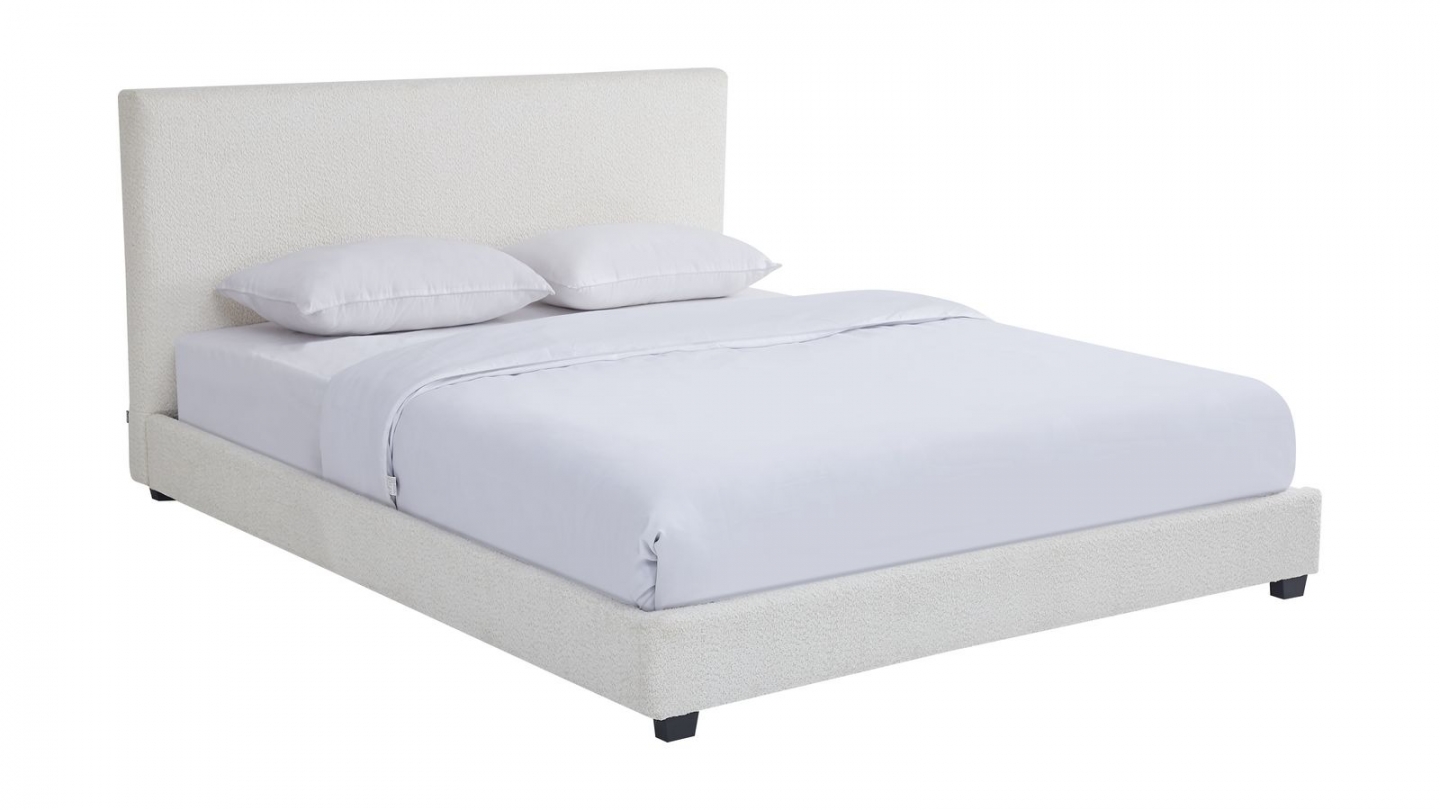 Lit adulte 140x190 cm avec tête de lit capitonnée en tissu bouclé beige ...