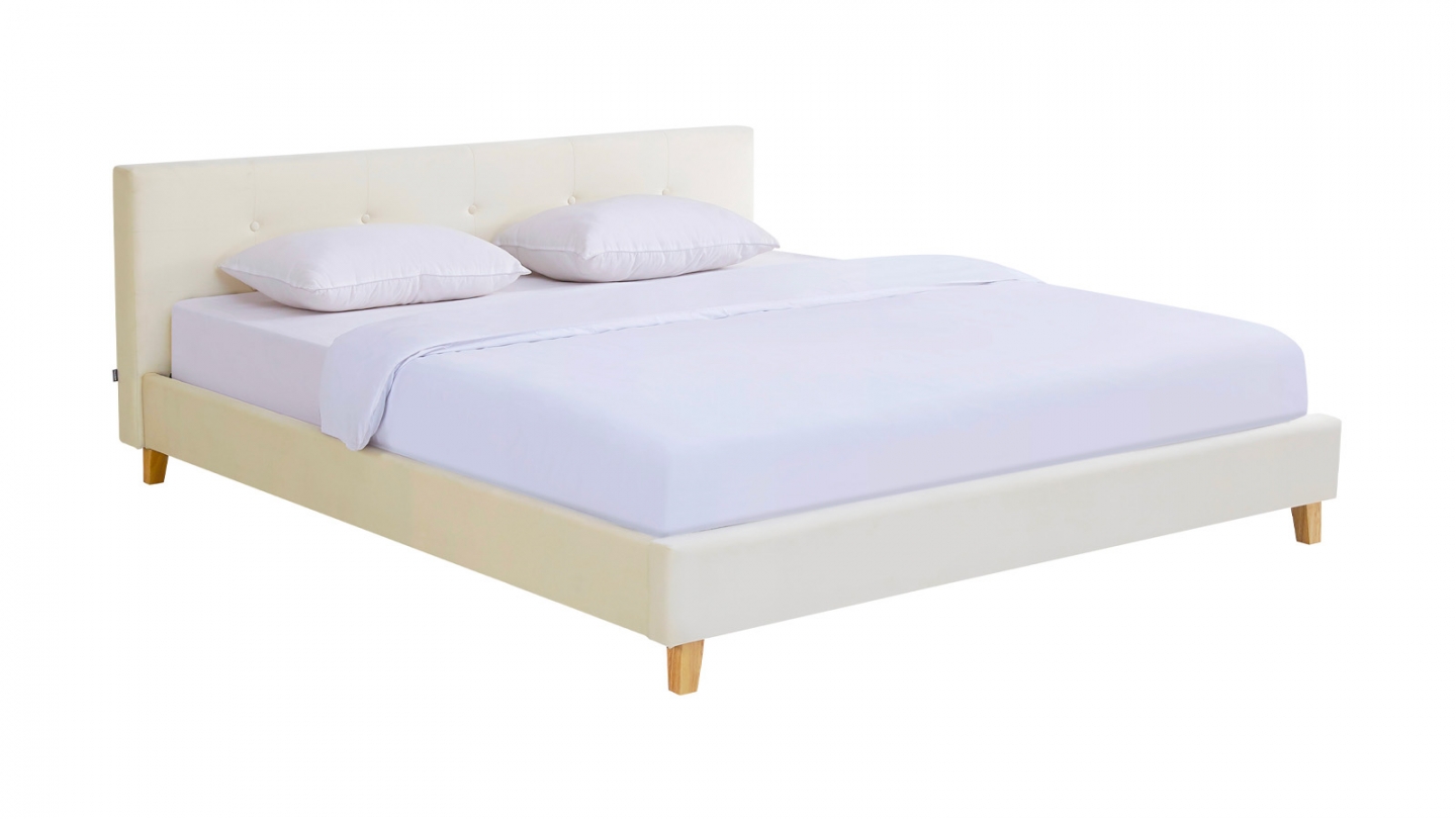 Lit adulte 180x200 cm avec tête de lit capitonnée en velours beige ...