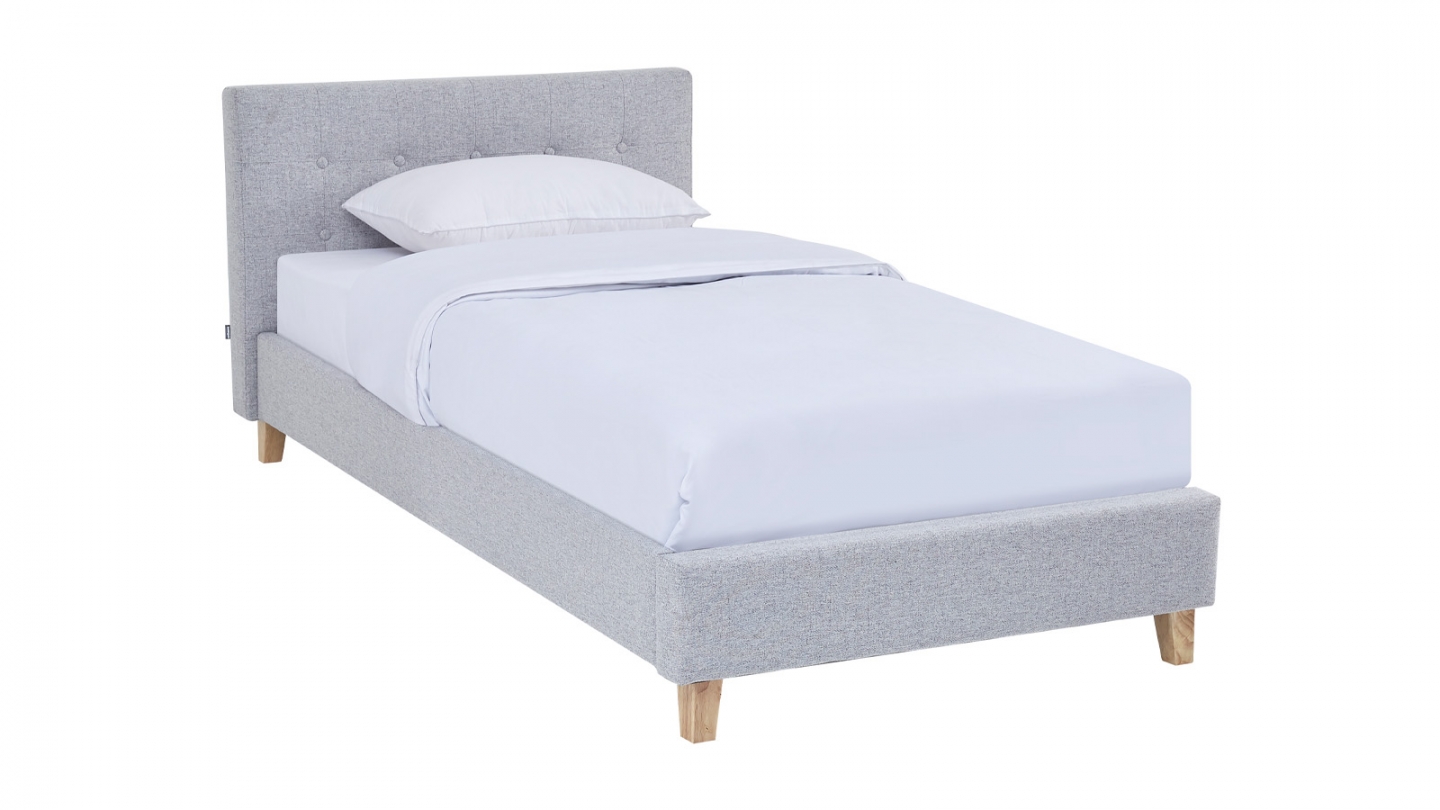 Lit enfant 90x190 cm avec tête de lit capitonnée en tissu gris chiné ...