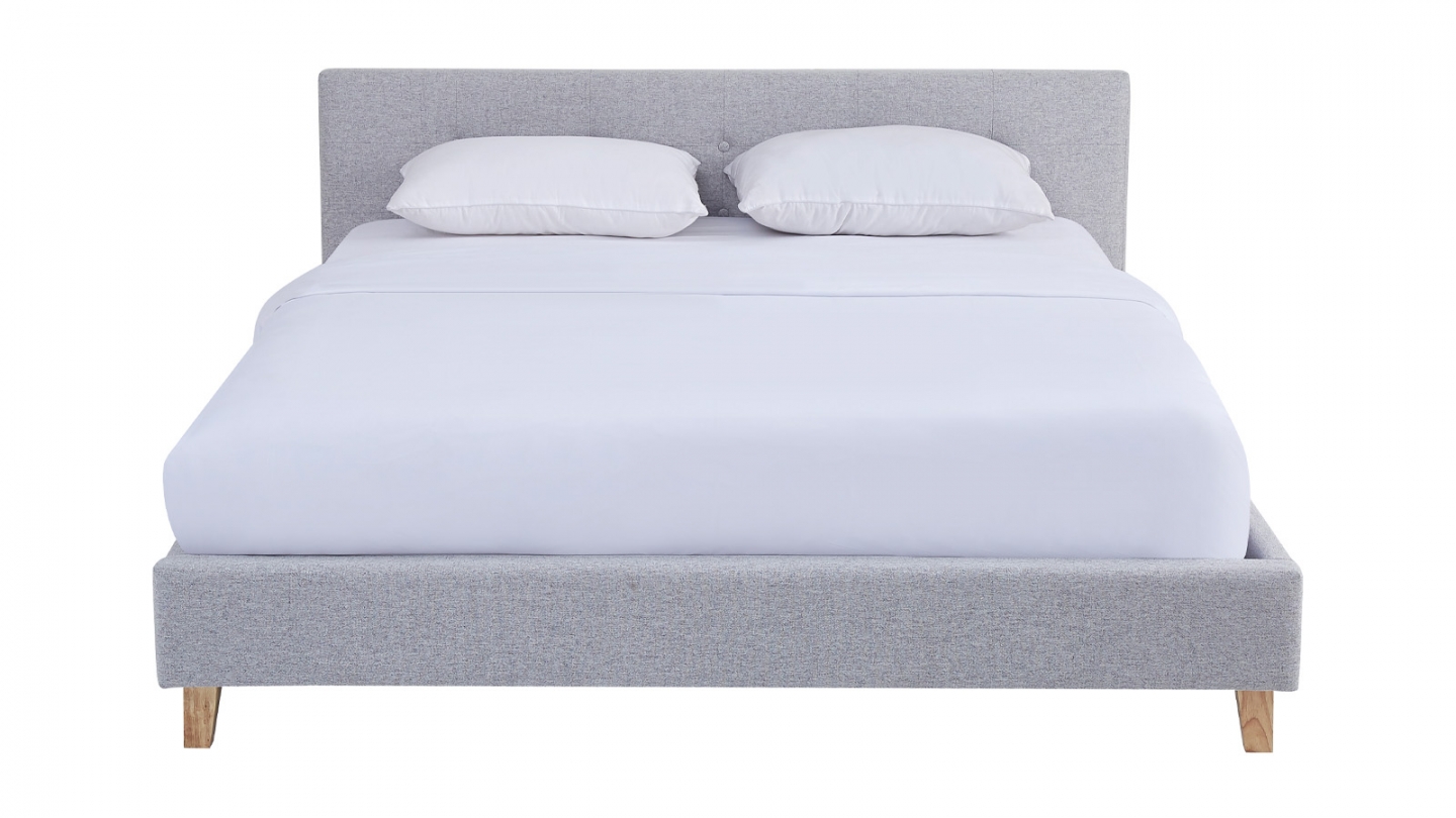 Lit adulte 160x200 cm avec tête de lit capitonnée en tissu gris chiné ...