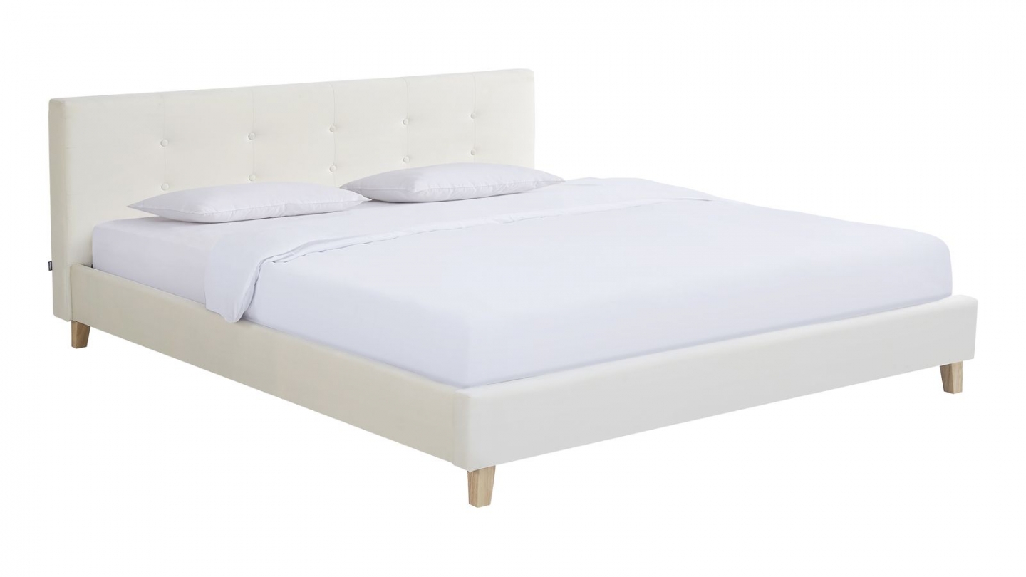 Lit adulte 160x200 cm avec tête de lit capitonnée en velours beige ...